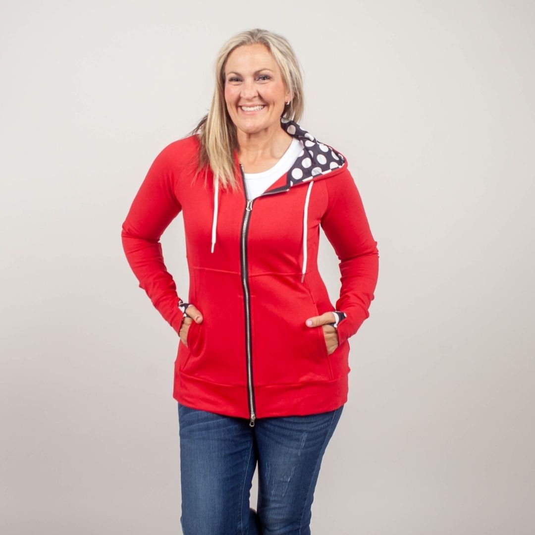 Ruby Dot | Women’s Red Full Zip Hoodie | Polka Dot Accent with Empire ...