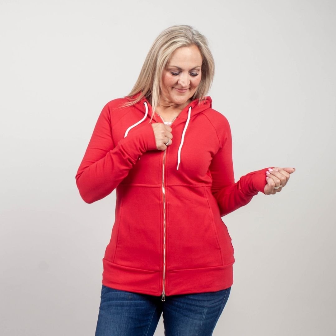 Ruby Red Full Zip | Women’s Red Zip Up Hoodie with Thumbholes | Fitted ...